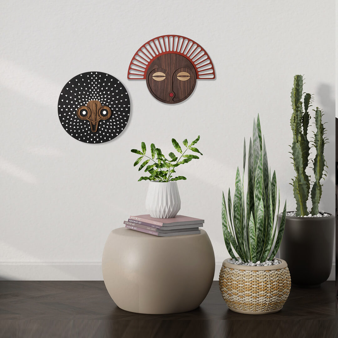 Modern African Masks #10 + #23 (Set of 2) - African Wooden Wall Decor ...