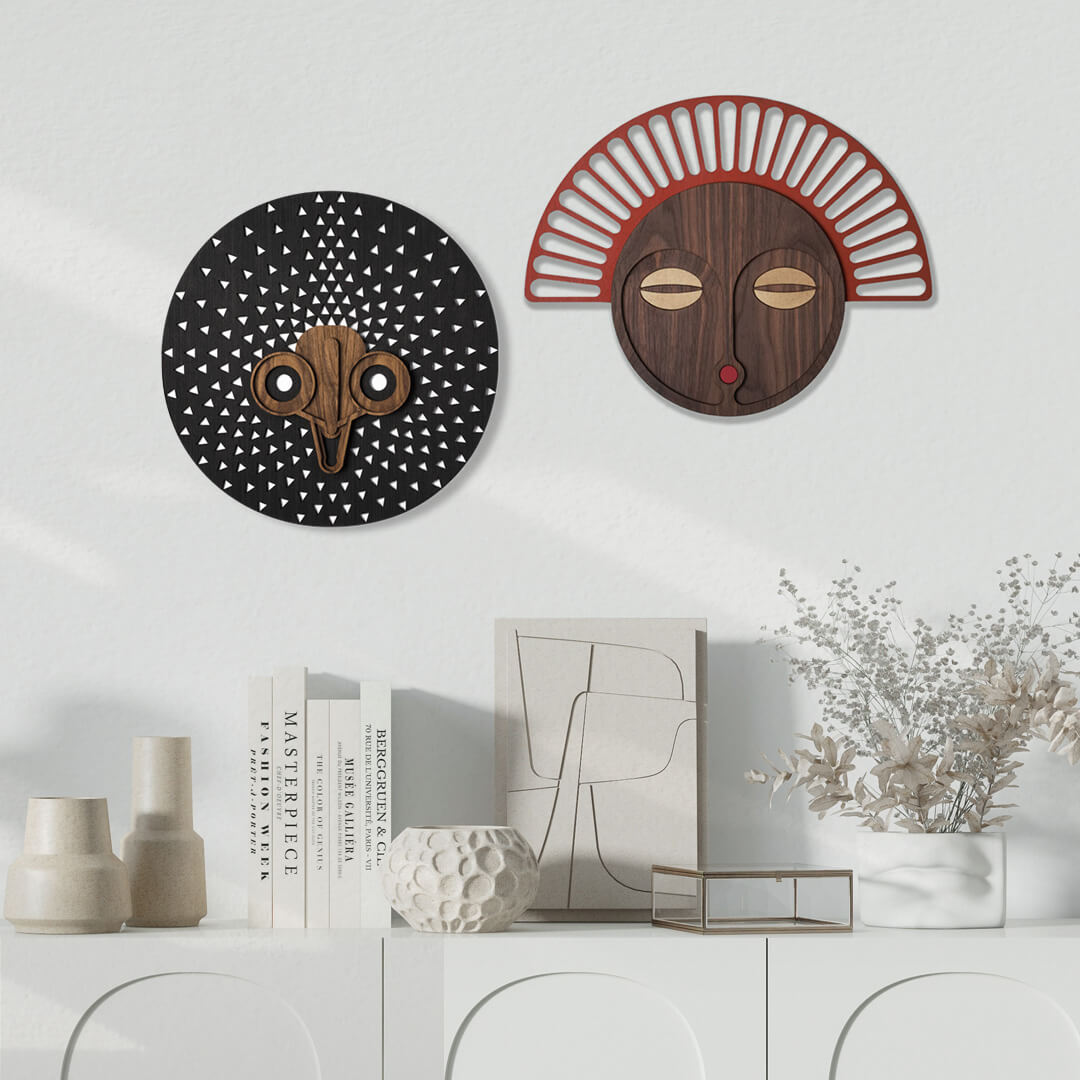 Modern African Masks #10 + #23 (Set of 2) - African Wooden Wall Decor ...